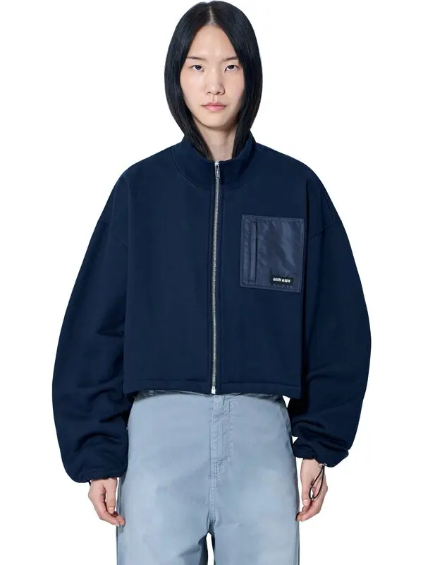 Miu Miu Cropped Zip Fleece Sweatshirt With Stand Collar And Chest Pocket - Blue