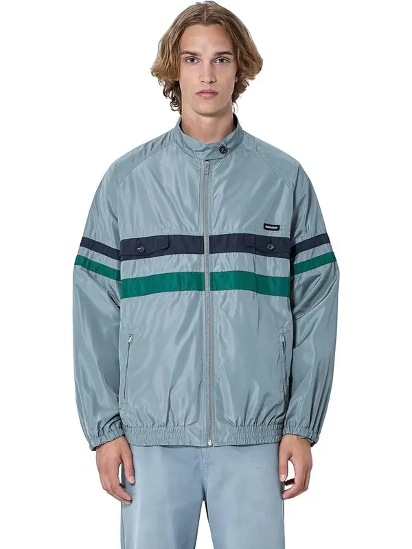 Miu Miu Technical Silk Blouson Jacket With Striped Chest Panel - Blue