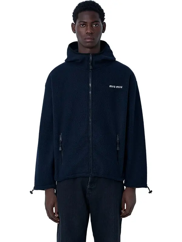 Miu Miu Hooded Cotton Fleece Sweatshirt With Logo Motif - Blue