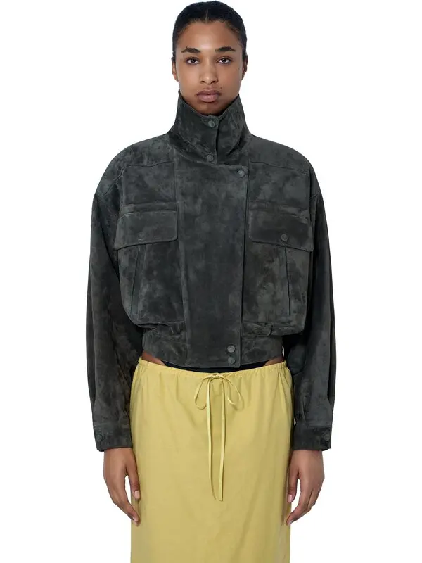 Saint Laurent High Collar Suede Jacket - Gray