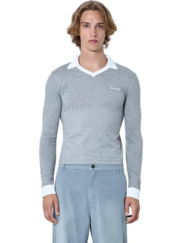 Miu Miu Long Sleeve Knit Sweater With Contrast Collar And Cuffs - Gray