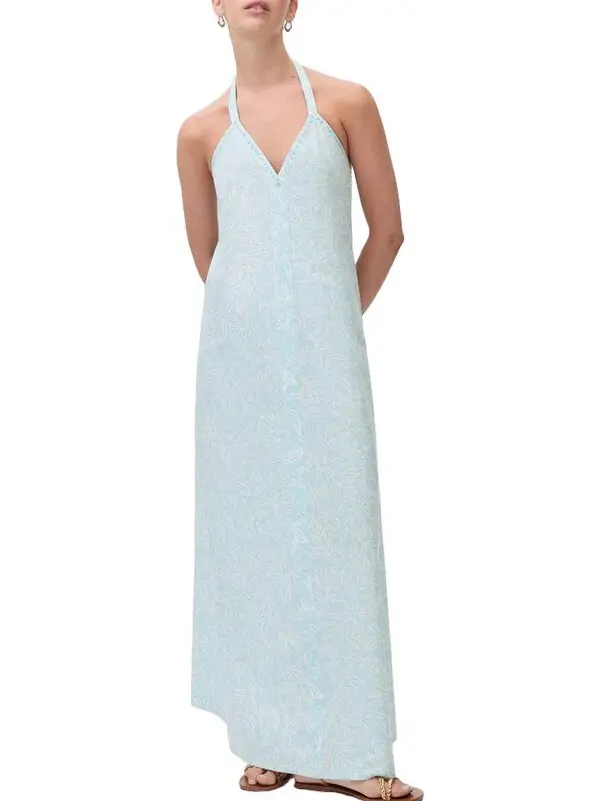 Mango Beaded Print Sleeveless Halter Maxi Dress - Turquoise