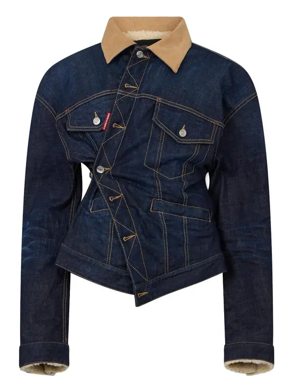 Dsquared2 Wrap Oversized Denim Trucker Jacket With Wool Lining And Corduroy Collar - Blue