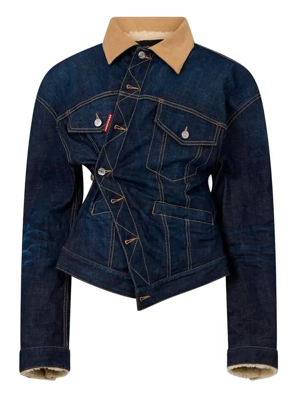 Dsquared2 Wrap Oversized Denim Trucker Jacket With Wool Lining And Corduroy Collar - Blue