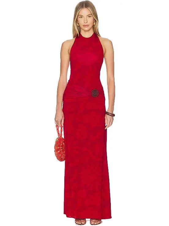 CALA DE LA CRUZ Printed Halterneck Maxi Dress - Red