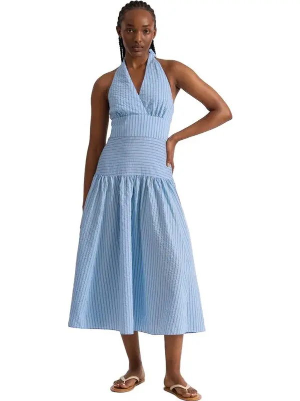 ALBARAY Stripe Halter Neck Midi Dress - Blue