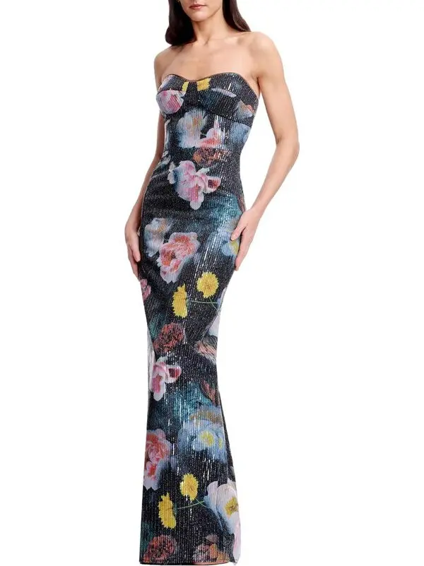 Dress The Population Vada Floral Sequin Strapless Gown - Black Multi