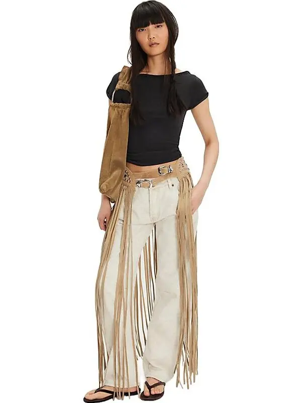 UNDERSTATED LEATHER Studded Suede Maxi Skirt Belt With Fringe - Dust