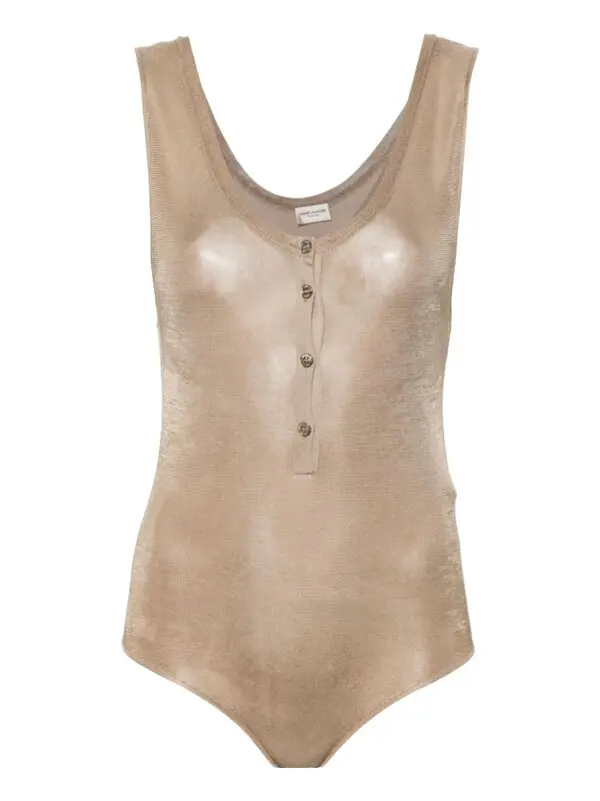 Saint Laurent Sleeveless Scoop Neck Silk Bodysuit - Nude