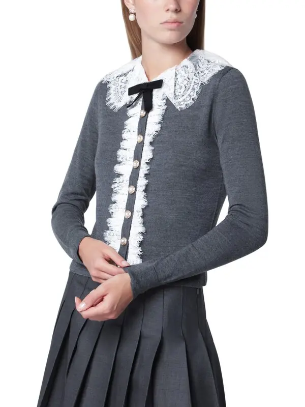 SELF-PORTRAIT Knitted Wool Cardigan With Lace Collar - Gray