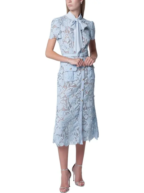 SELF-PORTRAIT Tie-neck Lace Midi Dress - Blue