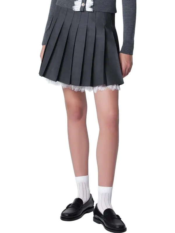 SELF-PORTRAIT Pleated Wool Mini Skirt With Lace Trim - Gray