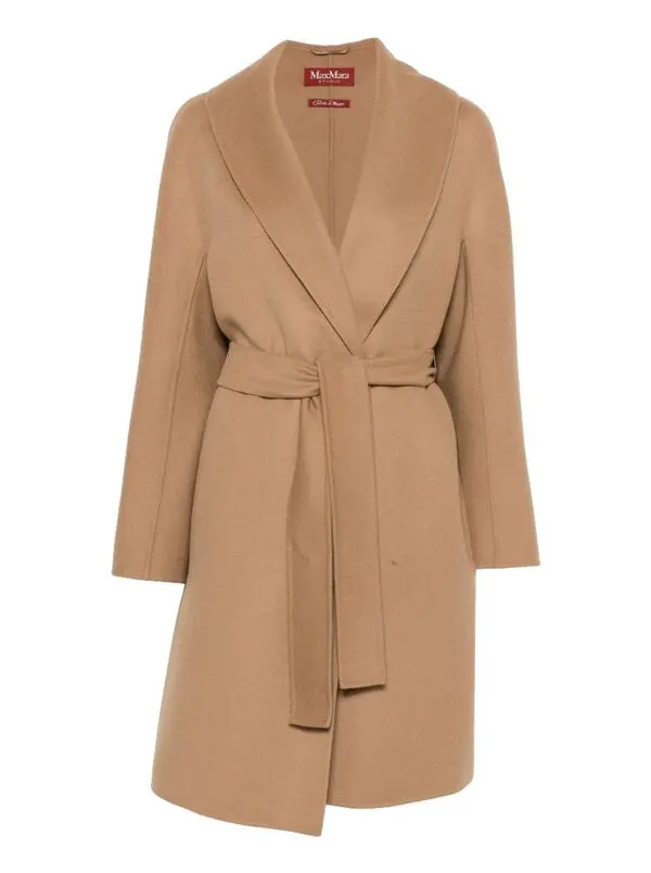 Max Mara Camel Brown Shawl Lapel Belted Coat - Multicolor