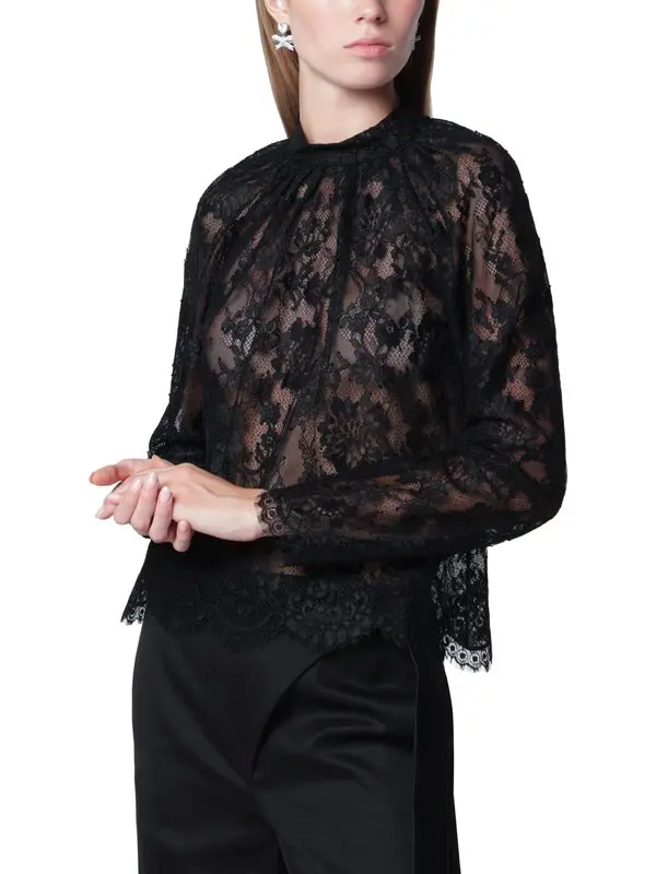 SELF-PORTRAIT High Neck Long Sleeve Lace Blouse - Black