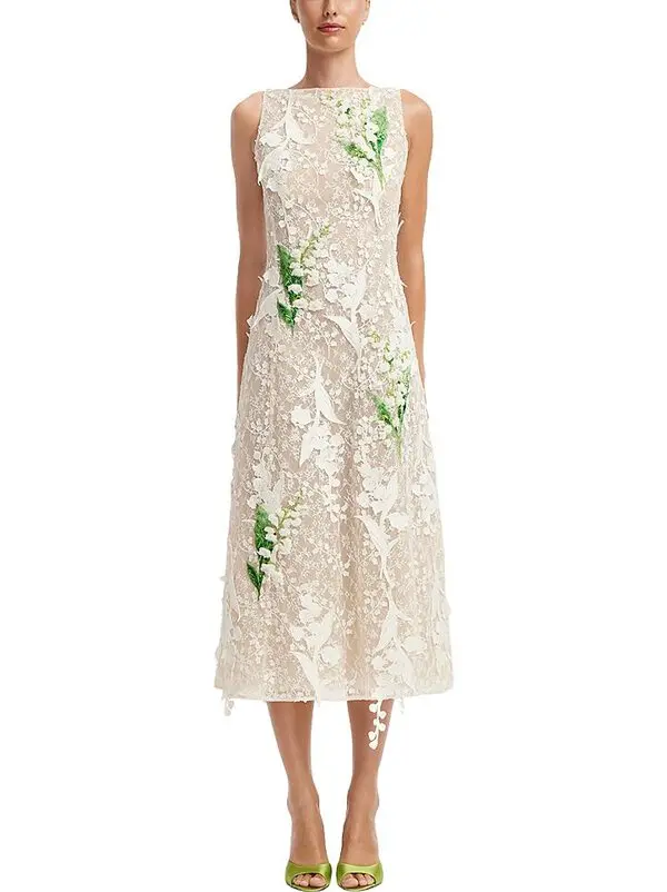 LEO LIN Embellished Lace Sleeveless Midi Dress - Snow