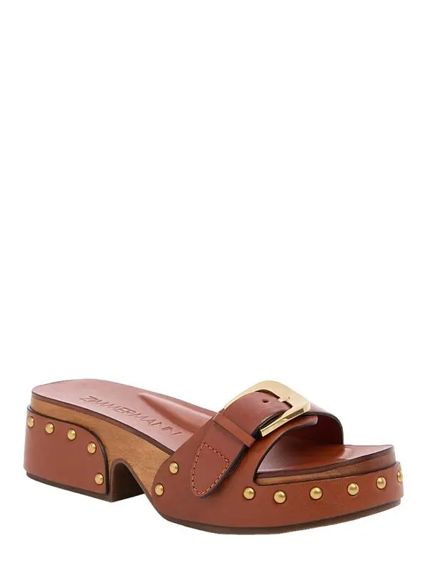 Zimmermann Leather Clog Slide Sandals With Gold-tone Studs - Pecan