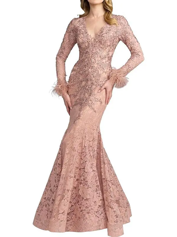 Mac Duggal Long Sleeve Embellished Mermaid Gown - Rose
