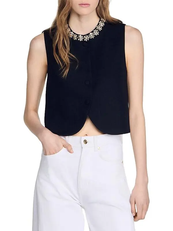 Sandro Jeweled Neckline Cropped Jacket - Black