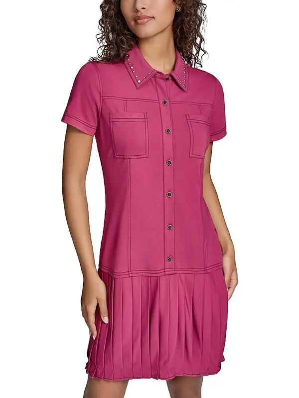 Karl Lagerfeld Paris Button Front Pleated Dress - Currant