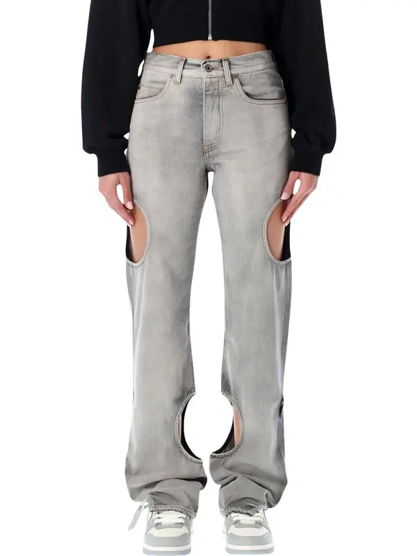 Off-White Cotton Denim Jeans With Thigh And Calf Cut-outs - Grigio