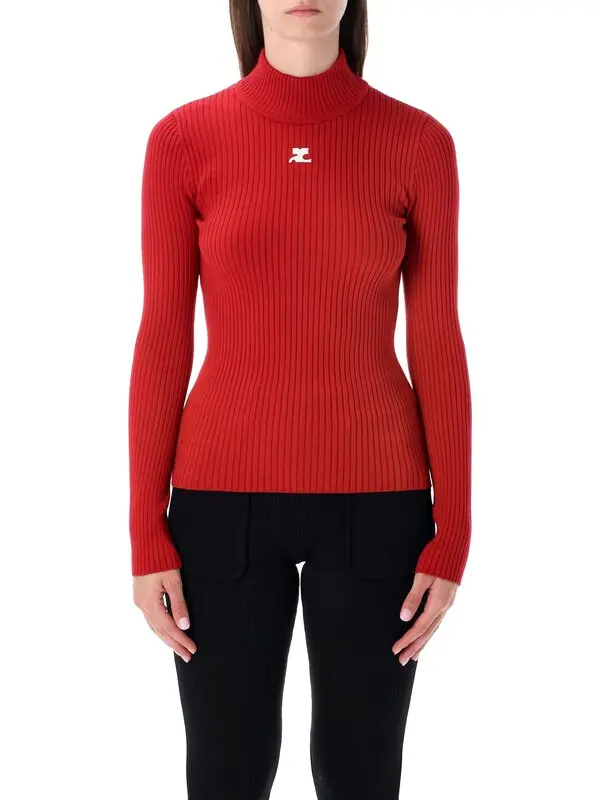 COURREGES Mock Neck Ribbed Knit Fitted Sweater - Rosso