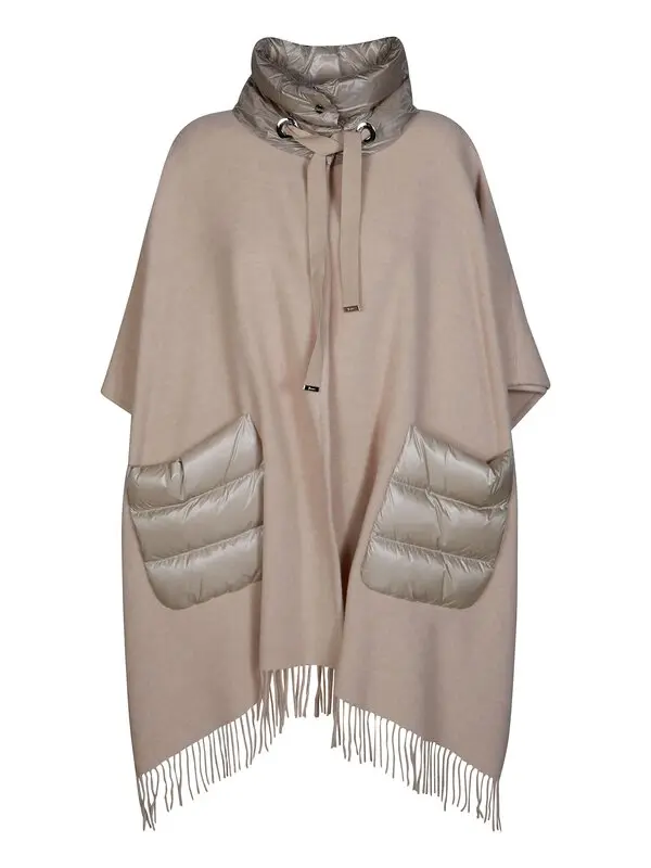 Herno Cozy Poncho With Down-filled Pockets And Fringe Detail - Beige