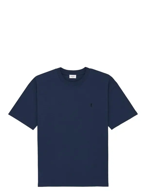 Saint Laurent Tonal Cassandre Chest Embroidered Crewneck T-shirt - Blu
