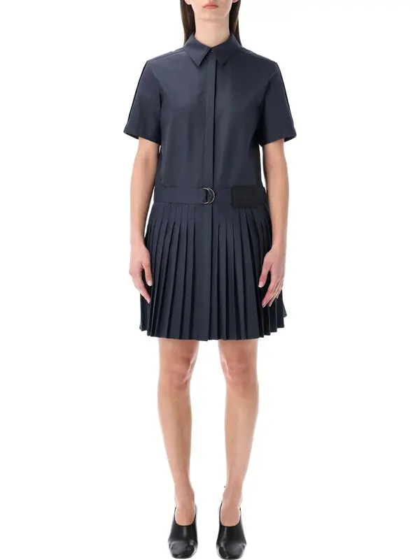 Loewe Structured Cotton-blend Gabardine Button-front Short Dress With Pleated Skirt And D-ring Belt - Blu