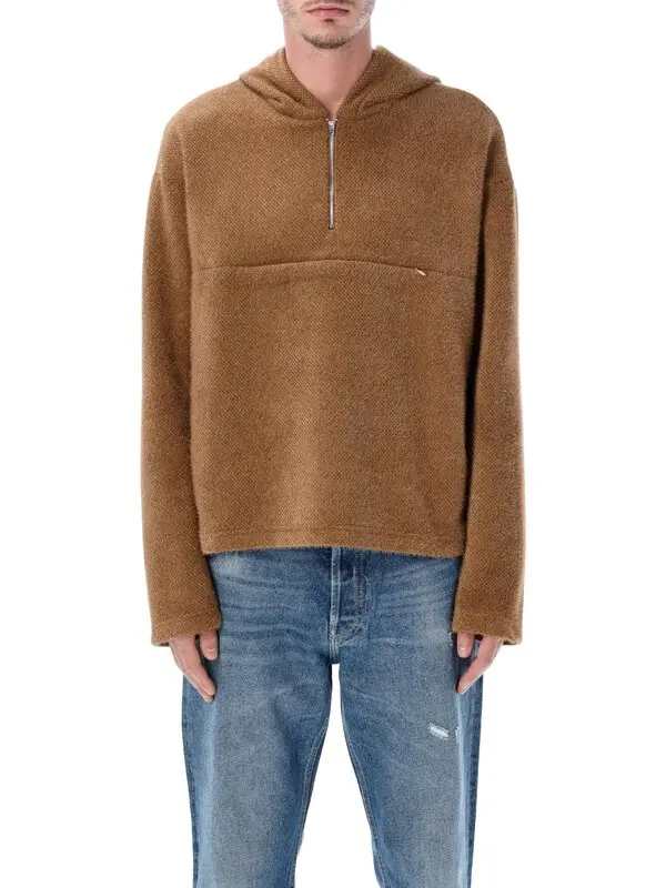 ROLD SKOV Relaxed Fit Half-zip Hoodie With Satin-lined Hood - Marrone