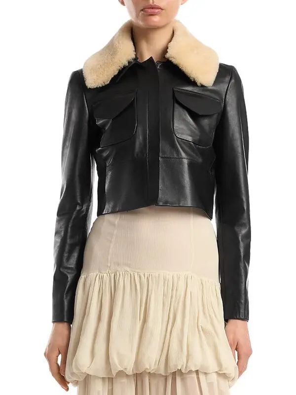 LIBEROWE Raja Cropped Leather Jacket With Shearling Collar - Black