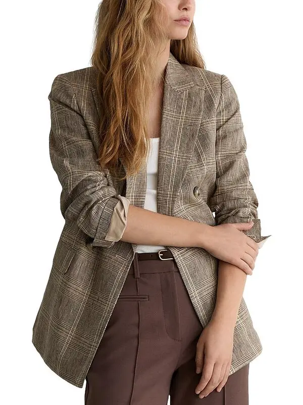 REISS Petite Sybil Double Breasted Checked Linen Blazer - Neutral Check
