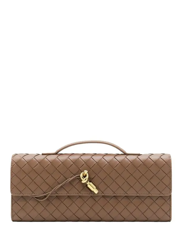Bottega Veneta Woven Lambskin Clutch With Top Handle - Brown