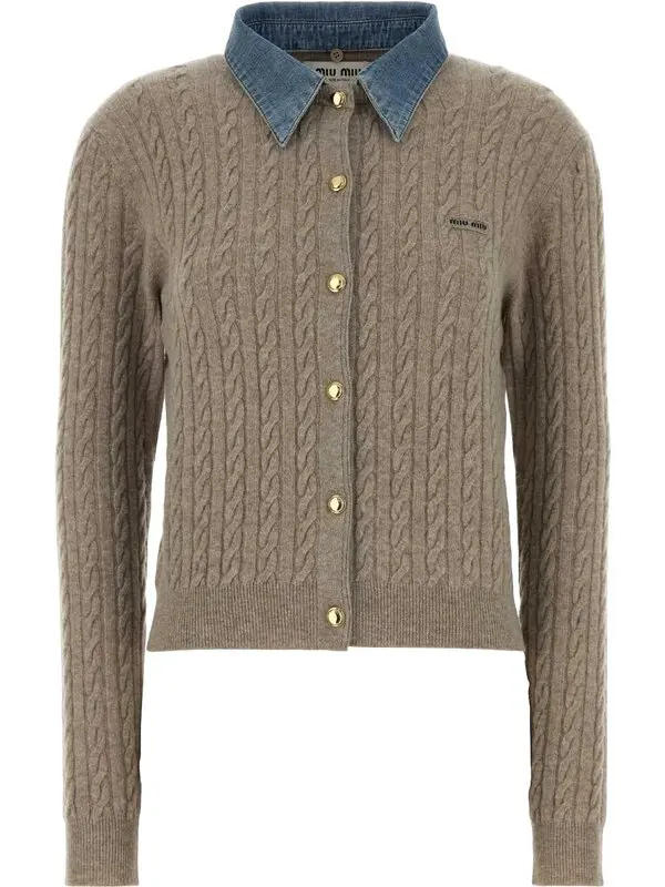 Miu Miu Wool Blend Cardigan With Denim Collar - Brown