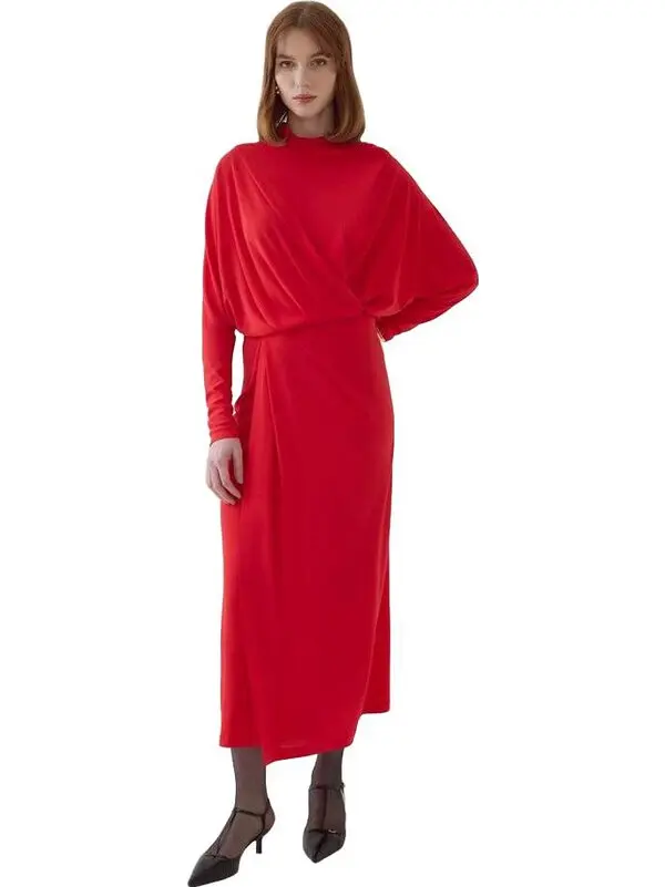 EXQUISE Alessio Draped Midi Dress - Red