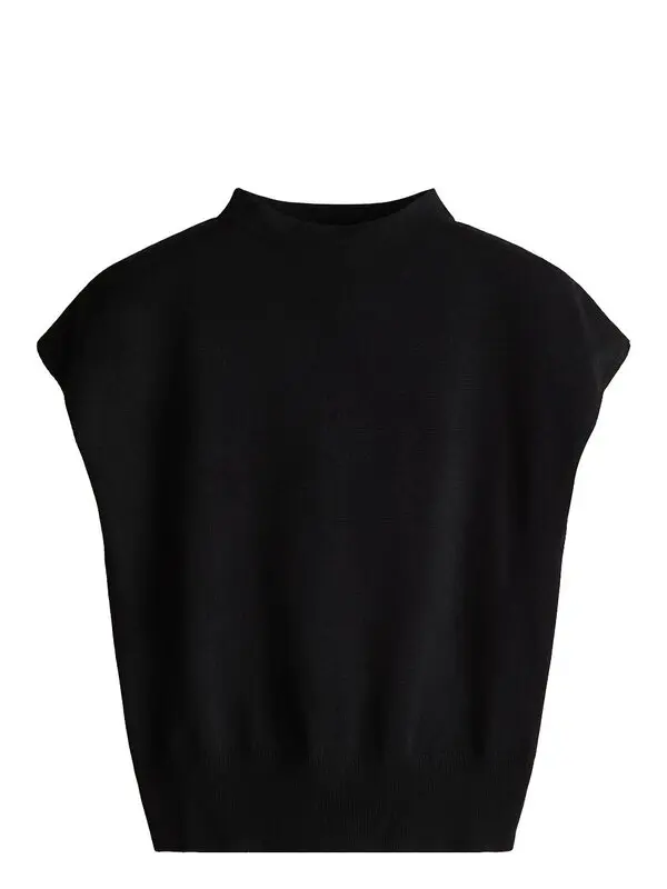 H&m Cap-sleeved Fine-knit Top With Stand Collar - Black