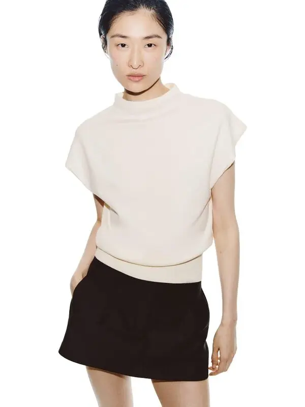 H&m Cap-sleeved Fine-knit Top With Stand Collar - Cream