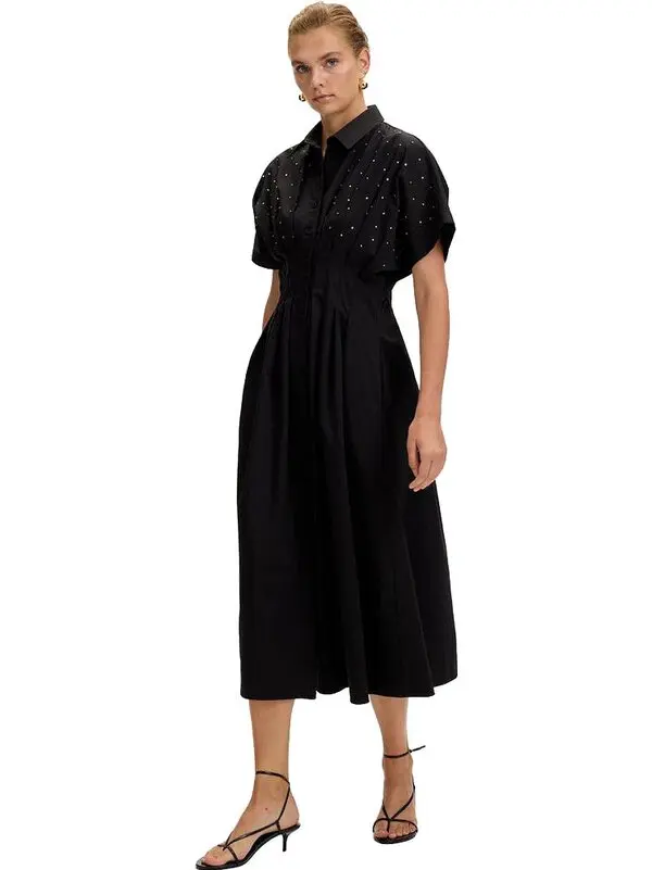 EXQUISE Embellished Shirt Collar Midi Dress - Black