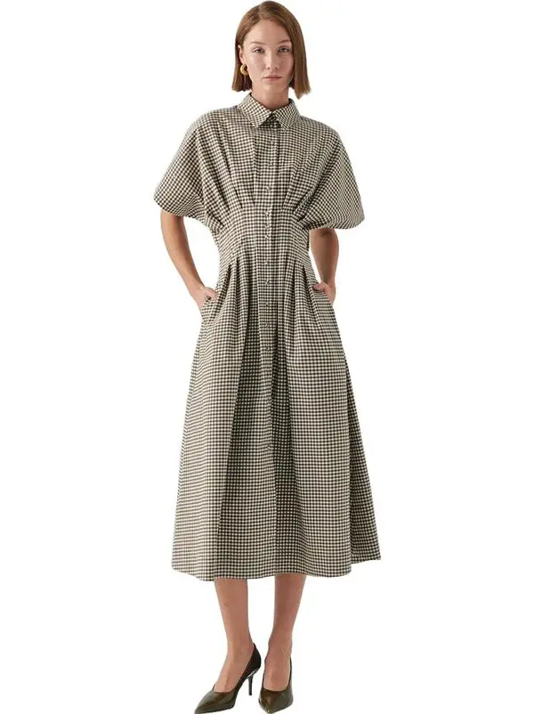 EXQUISE Embellished Shirt Collar Midi Dress - Ecru