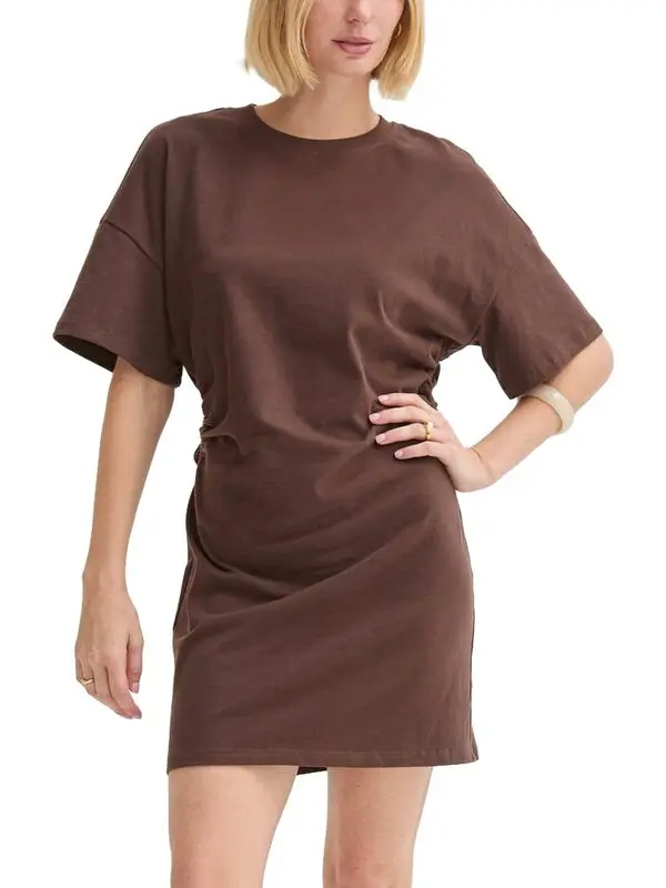 CRESCENT Elbow Sleeve Ruched T-shirt Mini Dress - Brown