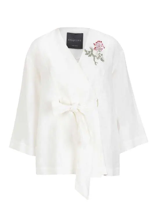 EXQUISE Elisa Belted Embroidered Jacket - Ecru