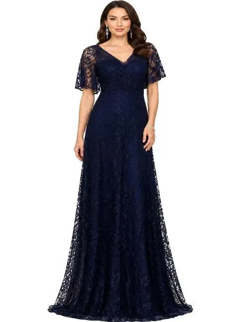LARA NEW YORK Elegant Cape Sleeve A-line Gown - Navy