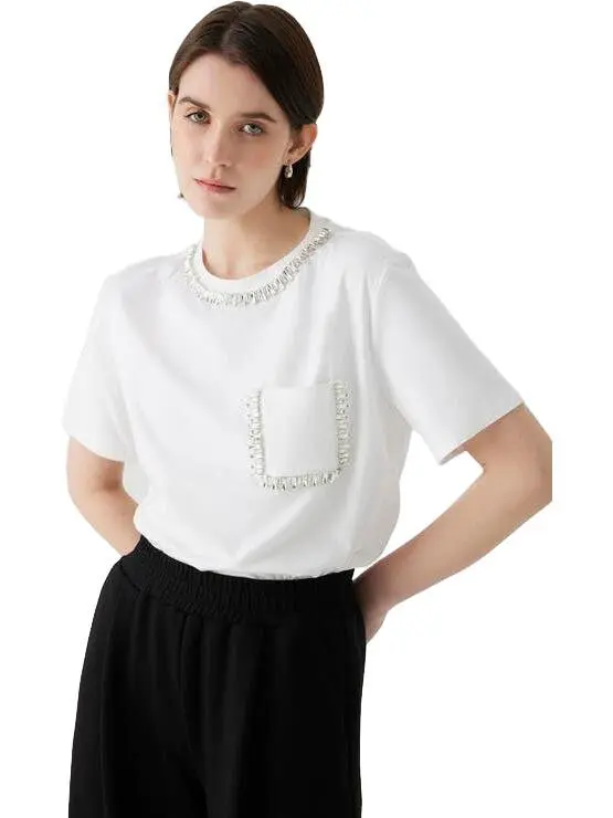 EXQUISE Embroidered Neckline Cotton T-shirt - Bone