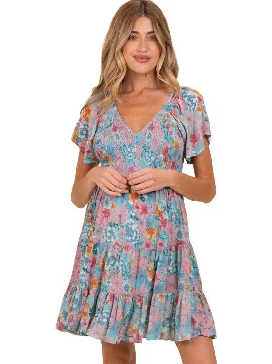 PINKBLUSH V-neck Smocked Bust Short Sleeve Dress - Teal