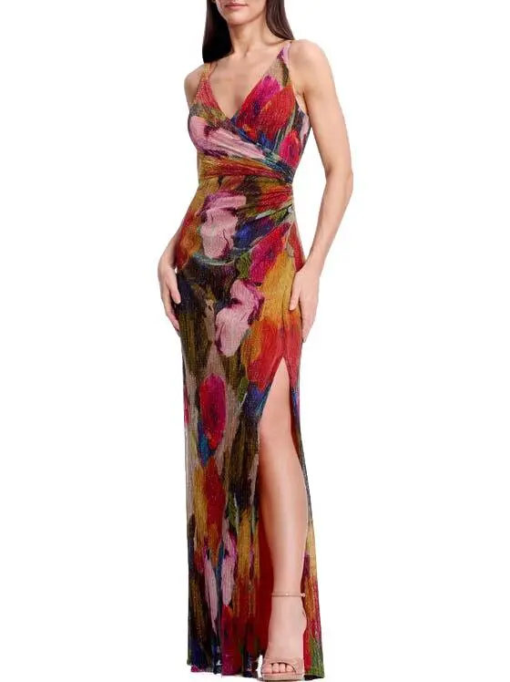 Dress The Population Jordan Floral Metallic Gown - Bright Rose Multi