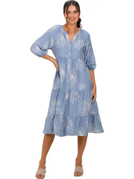PINKBLUSH Embroidered Tiered Midi Shirt Dress - Blue
