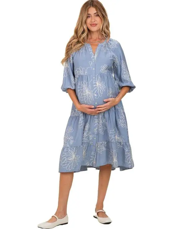 PINKBLUSH Embroidered Tiered Midi Shirt Dress - Blue