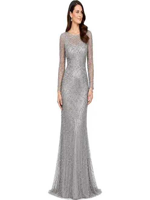 LARA NEW YORK High Neck Long Sleeve Beaded Gown - Medium Grey