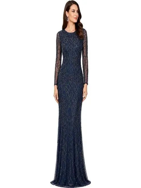 LARA NEW YORK High Neck Long Sleeve Beaded Gown - Navy