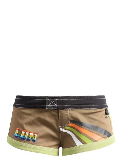 JADED LONDON Beaded Graphic Micro Board Shorts - Brown
