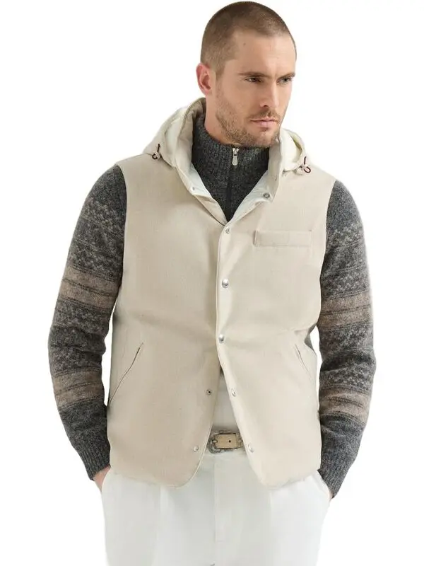 Brunello Cucinelli Bonded Wool Flannel Down Vest With Detachable Hood - Sand
